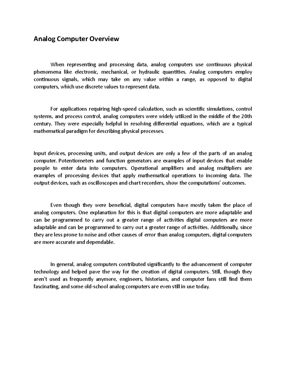 Lecture Notes Analog Computer Overview Analog Computer Overview When Representing And