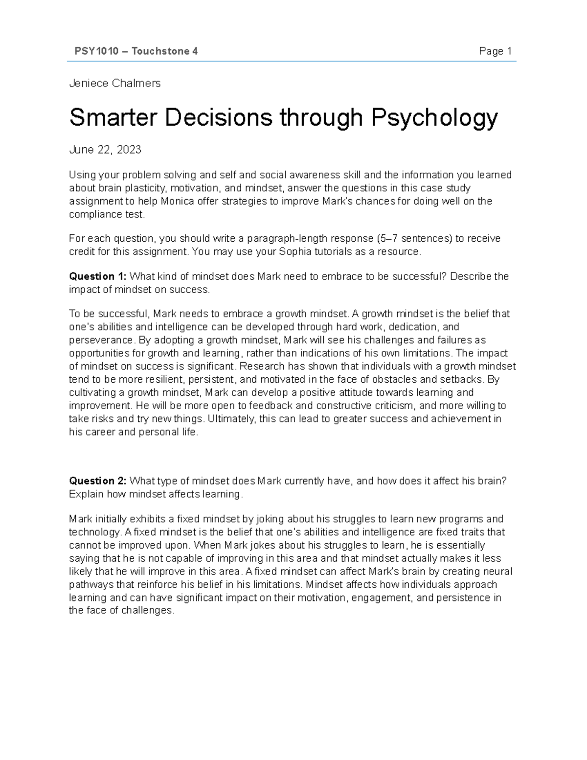 PSY1010 Case Study 3 Jeniece - PSY 110 - UOPX - Studocu