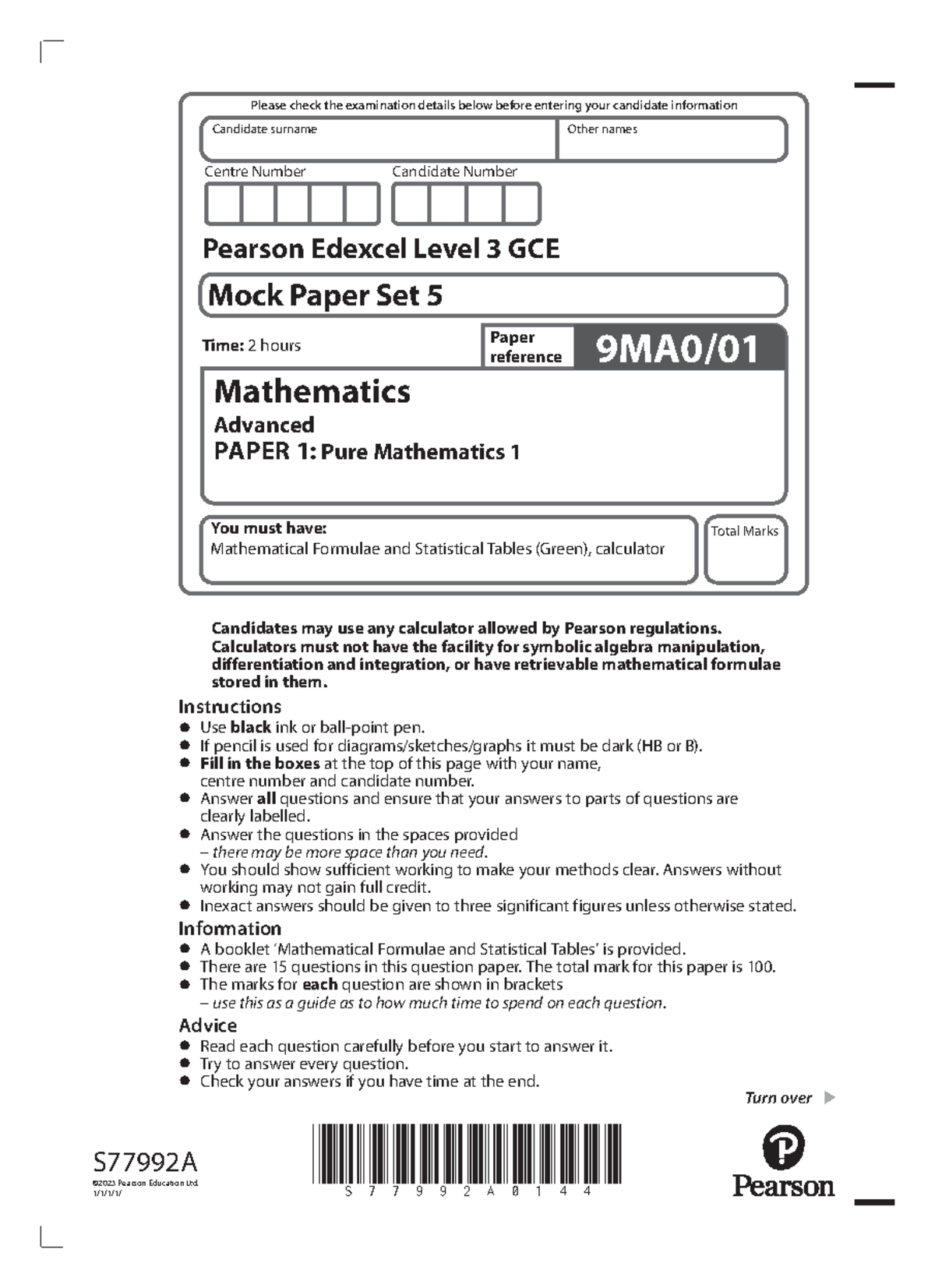 0s5 9MA0-01 Pure 1 - Mock set 5 question paper pdf - S77992A0144 Turn ...
