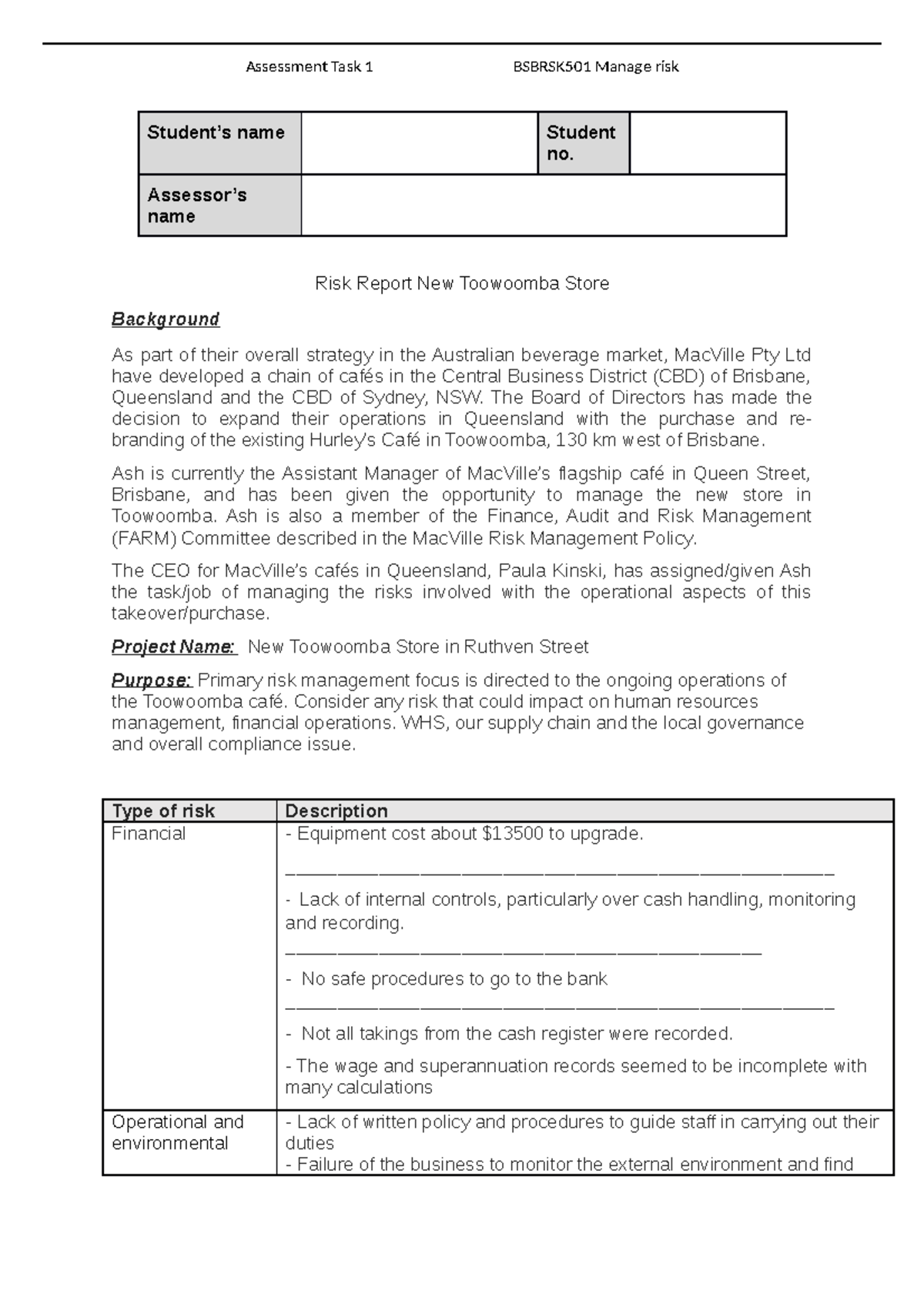 Assessment Task 1 Manage risk - Student’s name Student no. Assessor’s ...