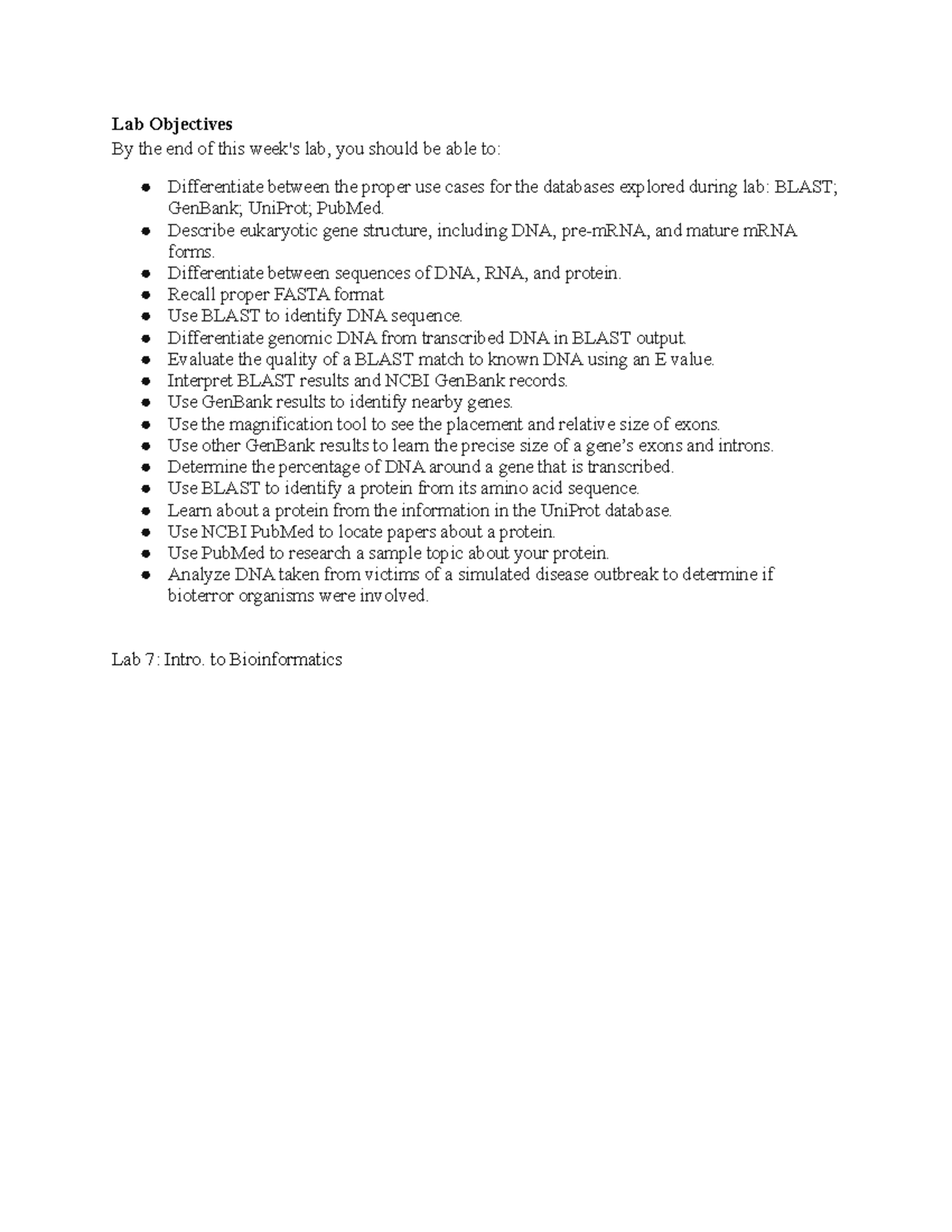 BIO 1107 Summer Day 6 Intro. to Bioinformatics - Lab Objectives By the ...