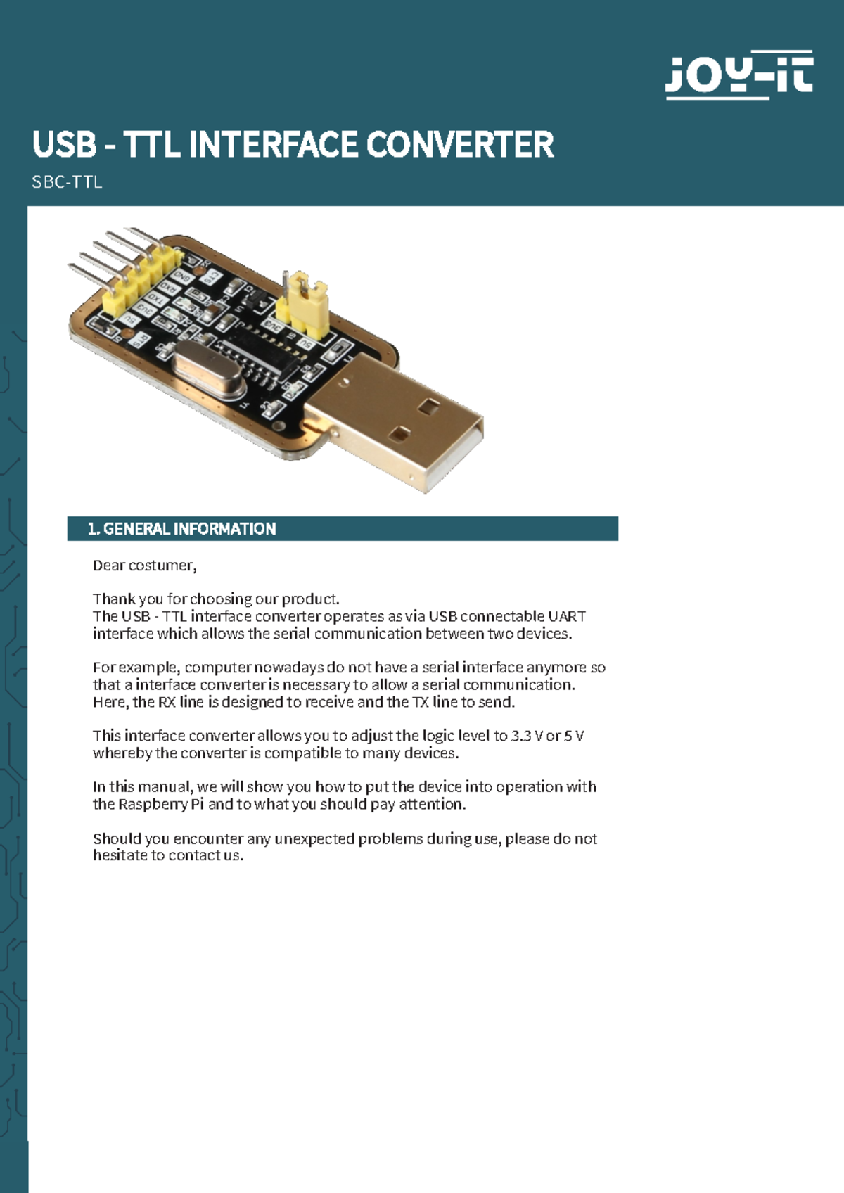 SBC-TTL-Manual 10 - joy-it Pascalstr. 8 47506 Neukirchen-Vluyn USB - TTL INTERFACE CONVERTER SBC ...