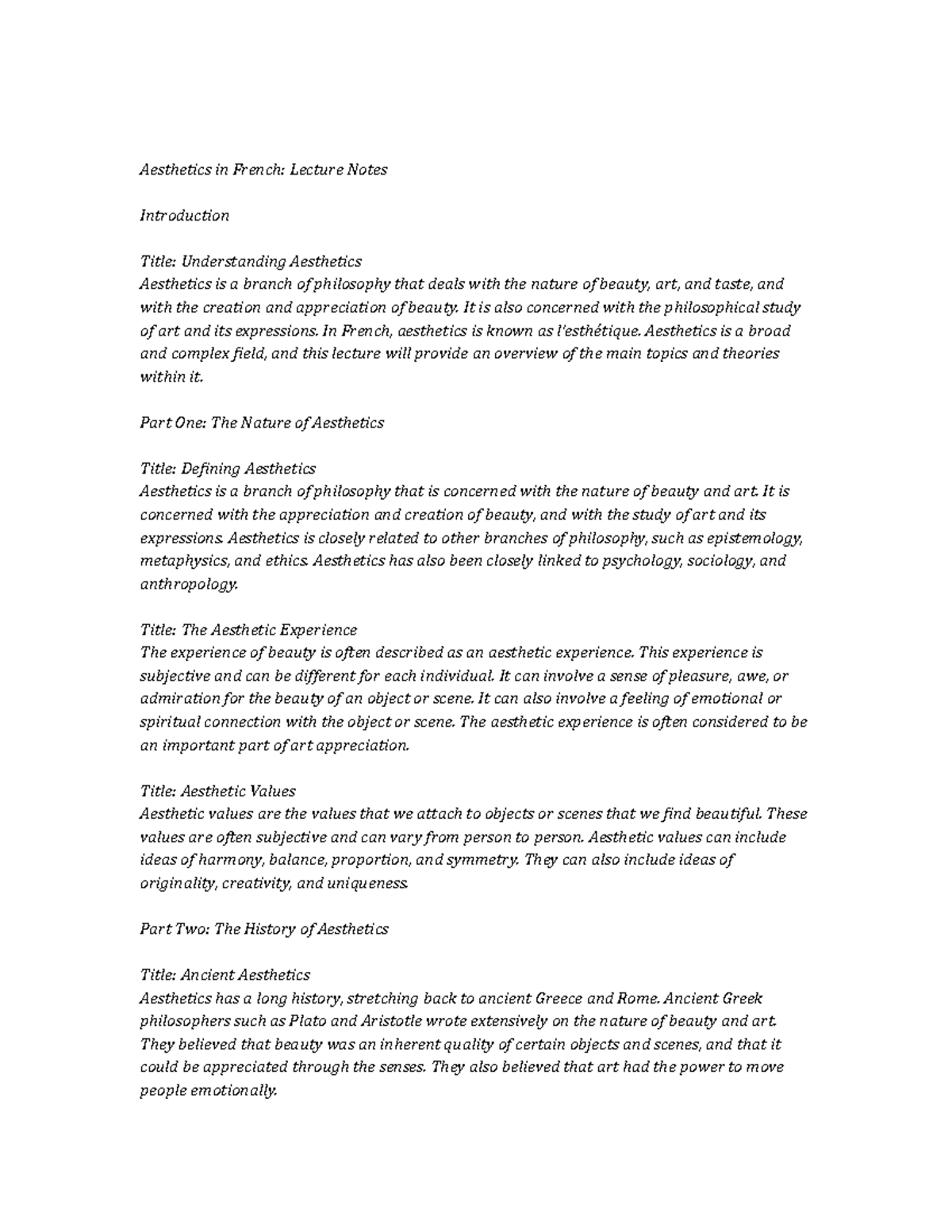 Aesthetics Notes de cours - Aesthetics in French: Lecture Notes ...