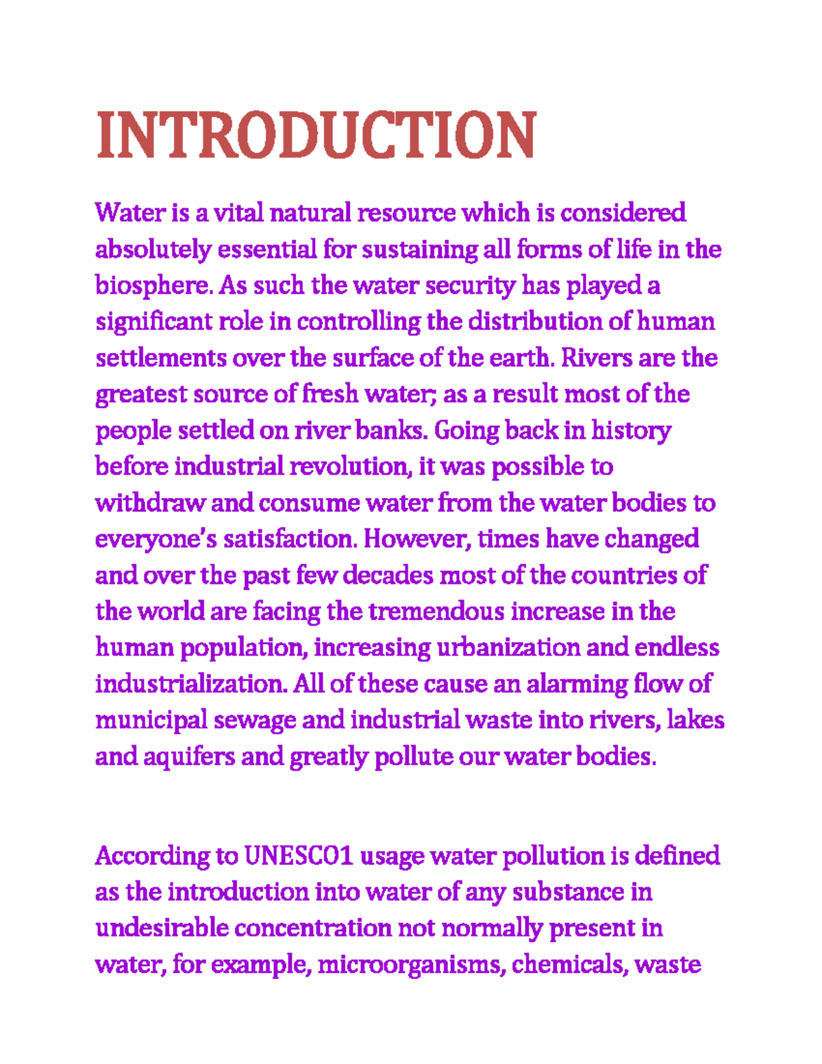Water Pollution - INTRODUCTION Water is a vital natural resource which ...