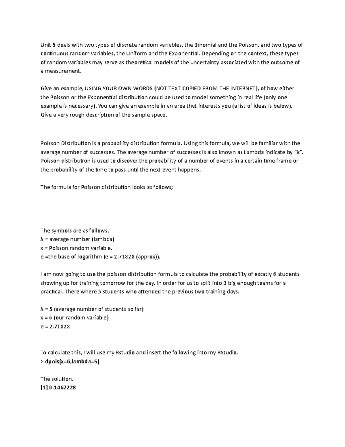 Discussion unit 5 - Unit 5 deals with two types of discrete random ...