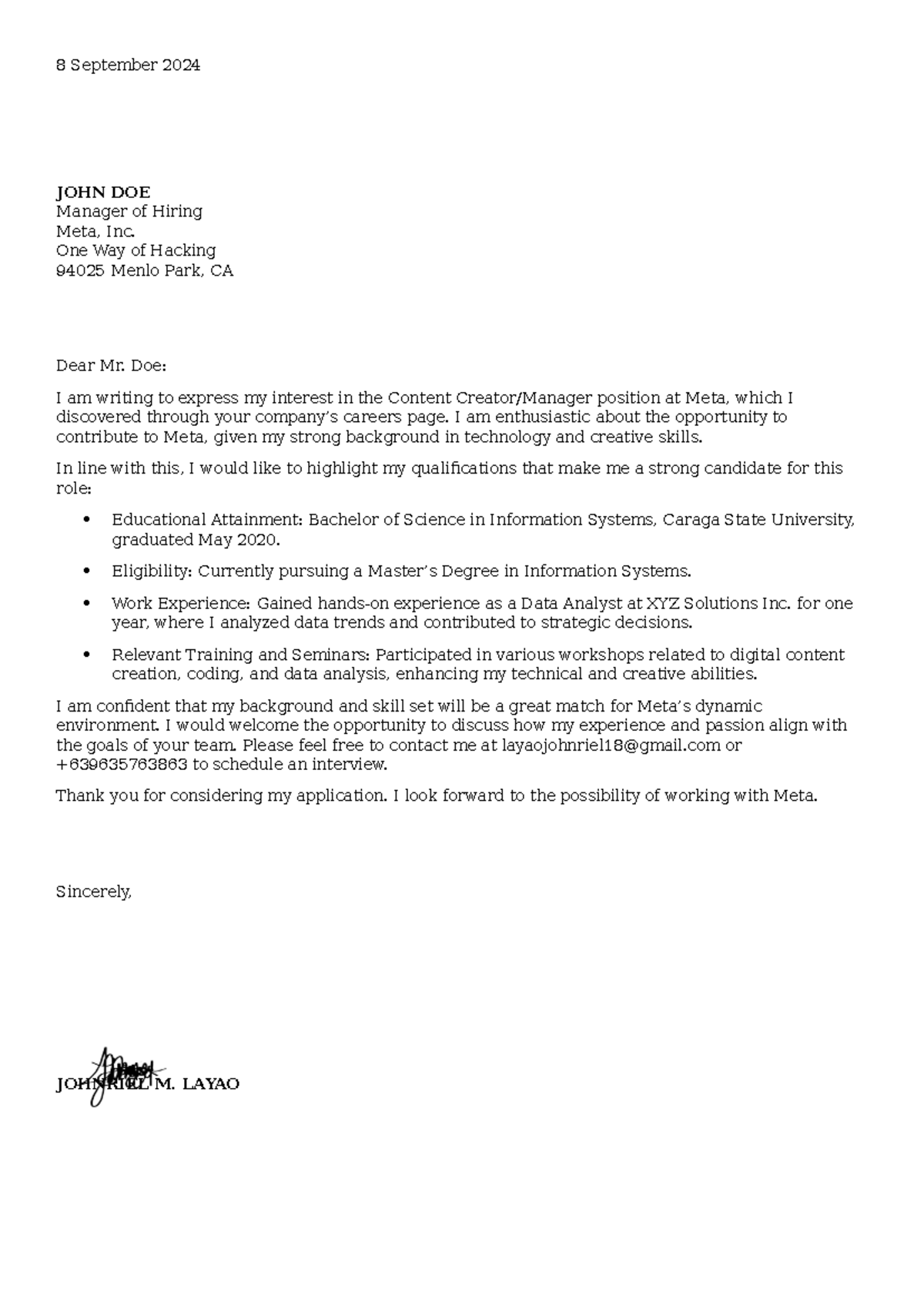 Application letter Layao - 8 September 2024 JOHN DOE Manager of Hiring ...
