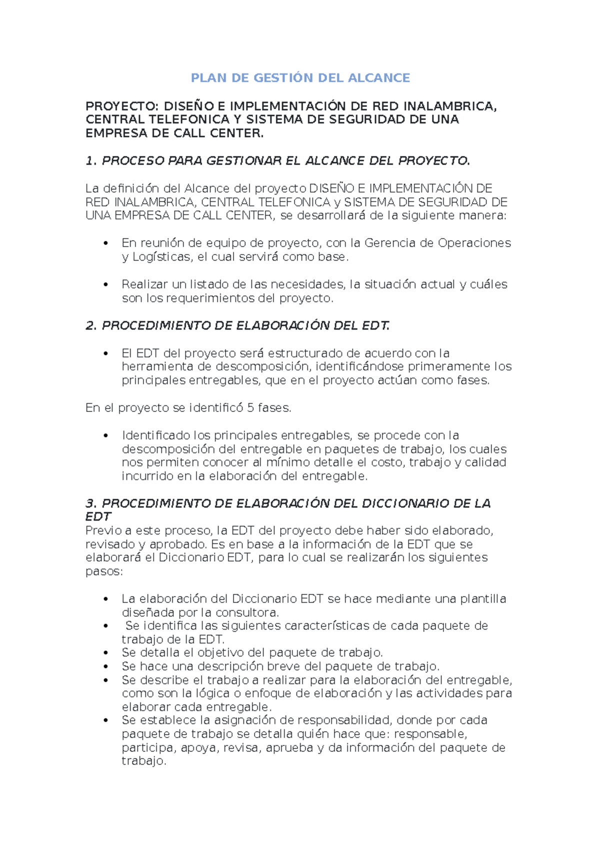PLAN DE Gestión DEL Alcance - PLAN DE GESTIÓN DEL ALCANCE PROYECTO ...