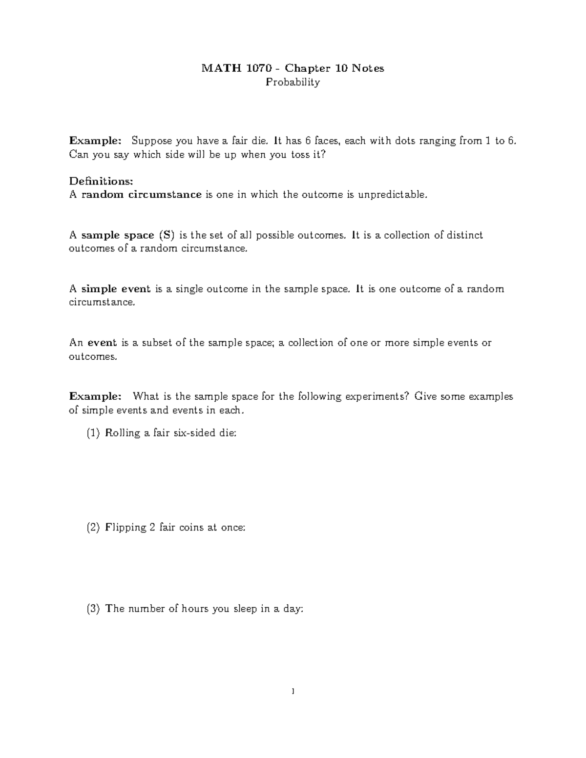 1070 Notes Chapter-10 - MATH 1070 - Chapter 10 Notes Probability ...