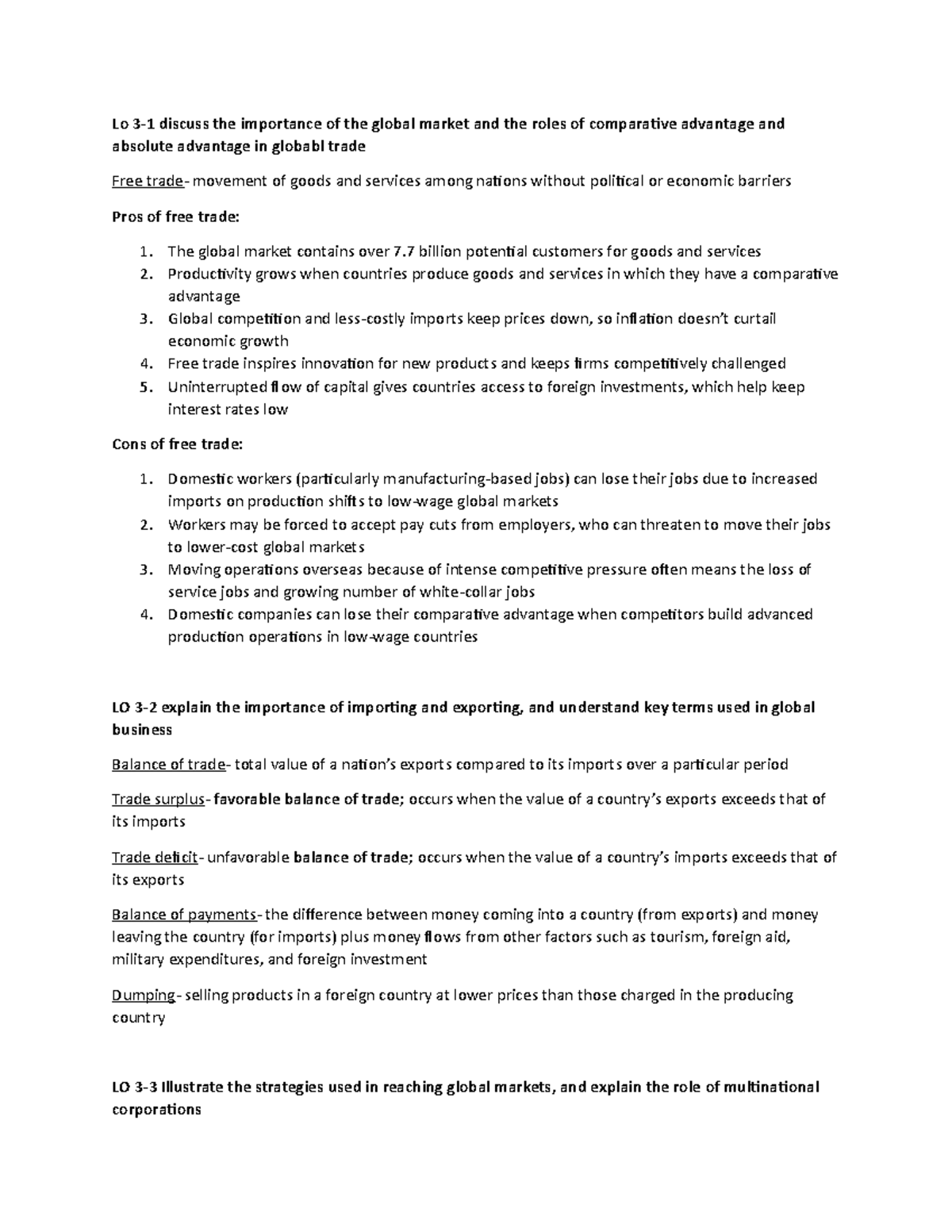 Chapter 3 notes - Lo 3-1 discuss the importance of the global market ...