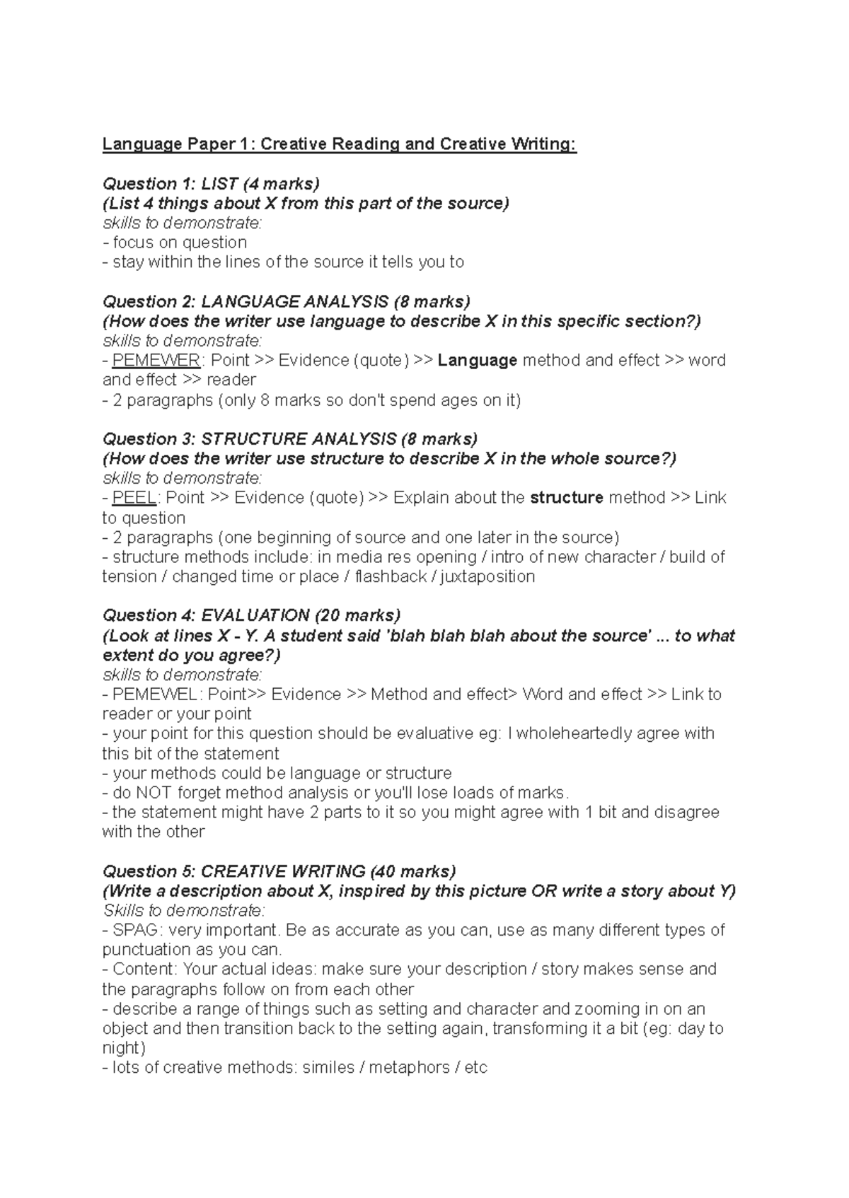Cheat Sheet. English Lang - Language Paper 1: Creative Reading and ...