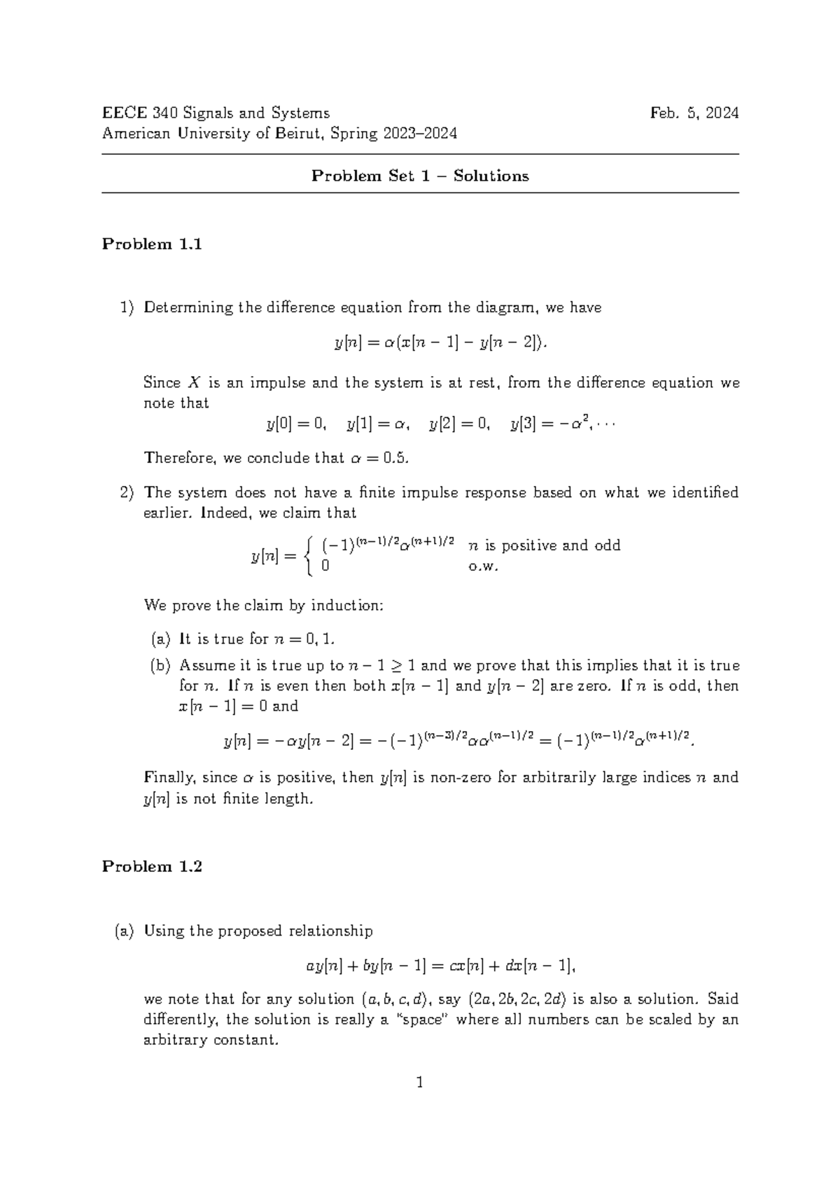 Ps1 sol - problem set of signals and systems solution - EECE 340 Signals and Systems Feb. 5 ...