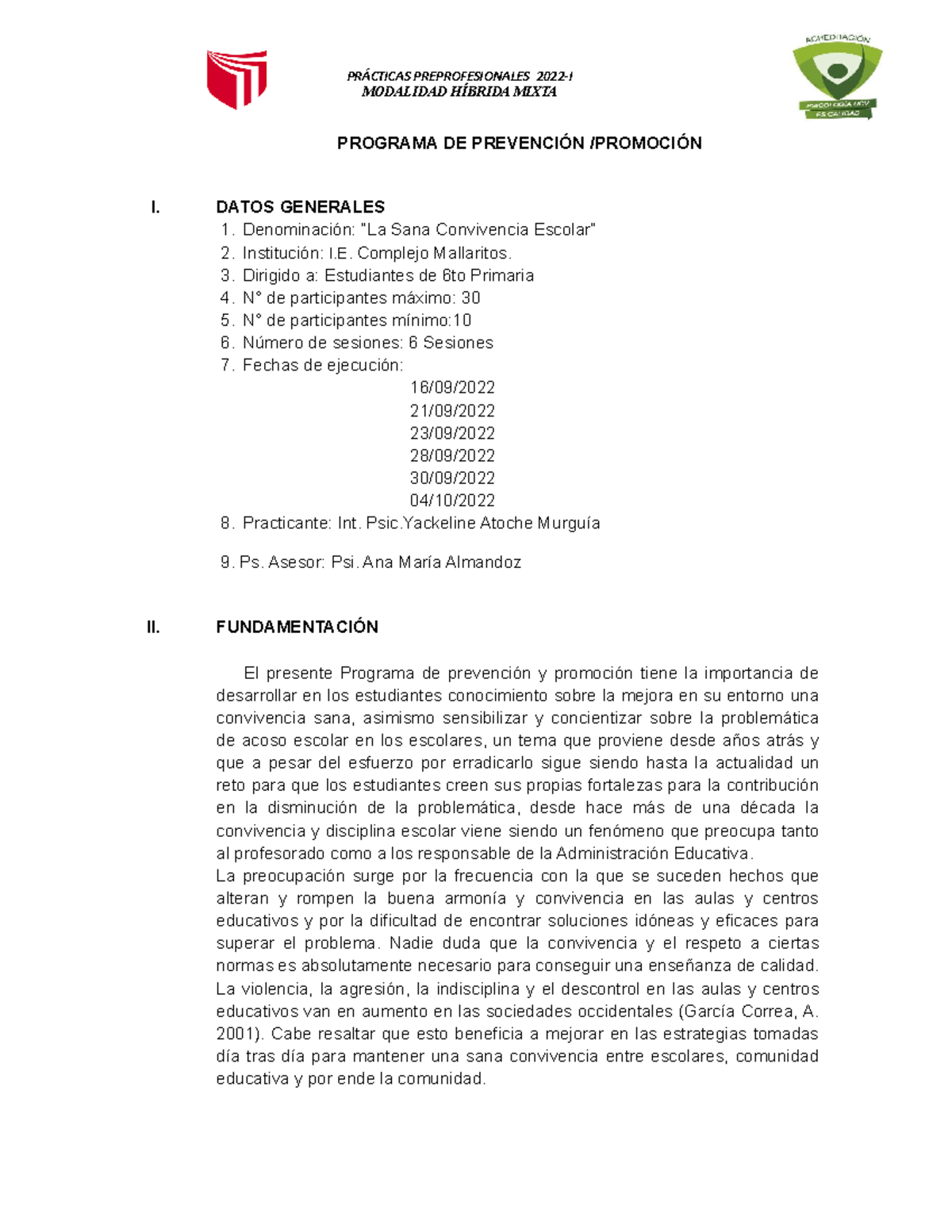 1. Esquema Programa Prevencion- Promocion - PROGRAMA DE PREVENCIÓN /PROMOCIÓN I. DATOS GENERALES ...