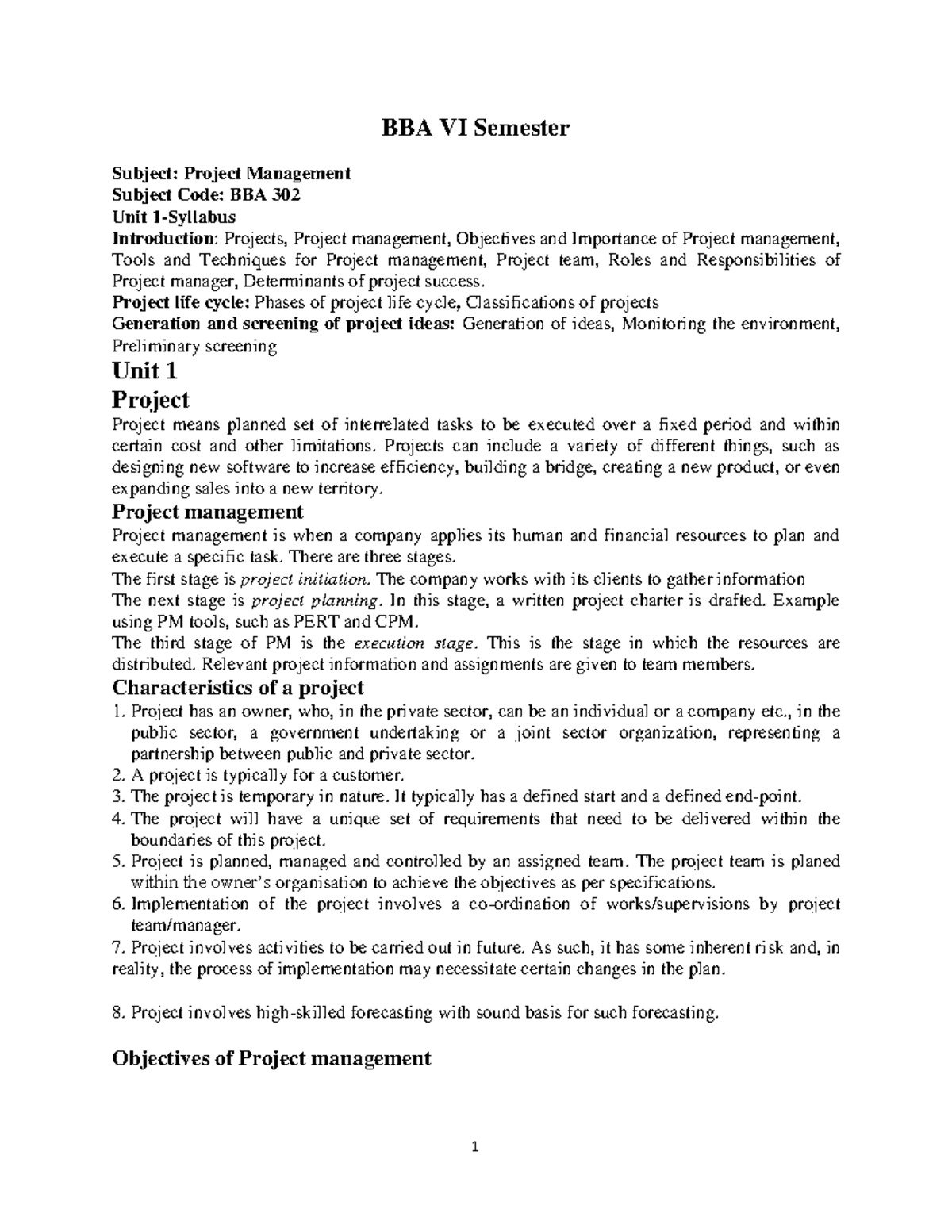 Unit 1 notes - BBA VI Semester Subject: Project Management Subject Code ...
