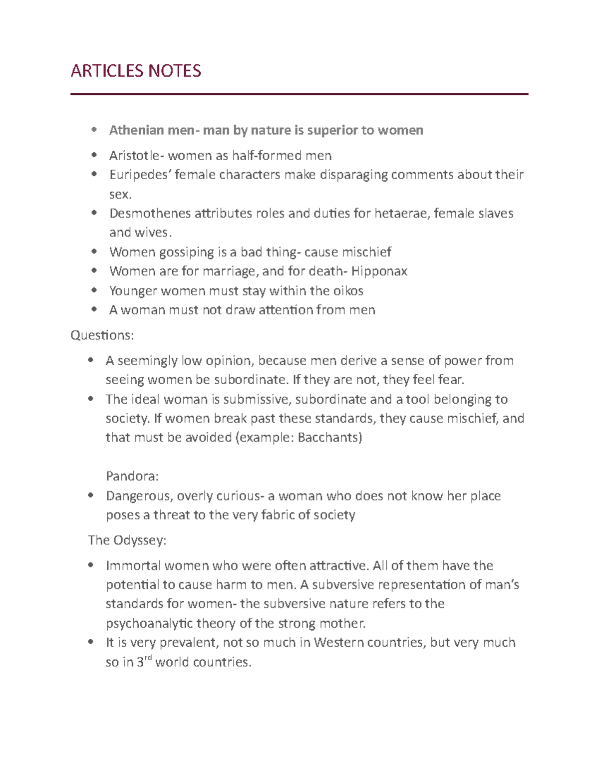 Article booklet notes - N/A - ARTICLES NOTES Athenian men- man by ...