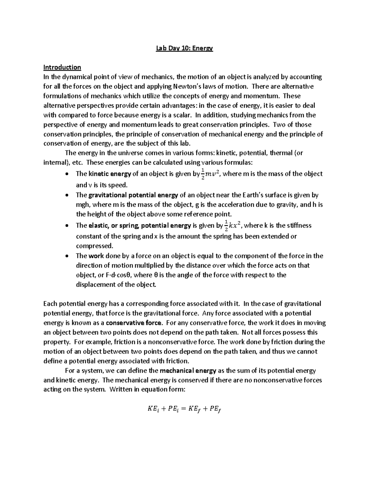Lab Day 10 Energy - Physics Lab - Lab Day 10: Energy Introduction In ...