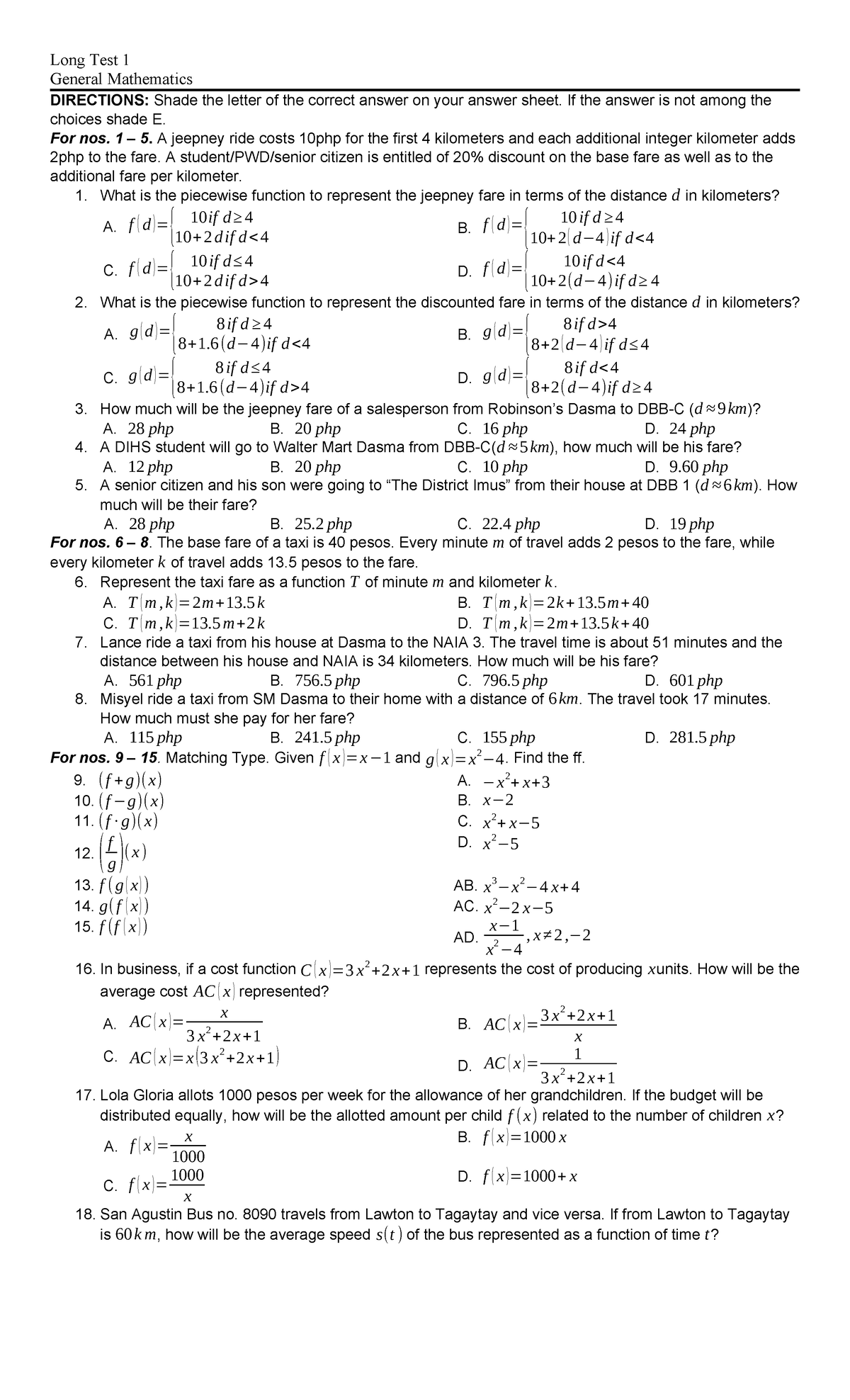 1st long quiz genmath - General Mathematics DIRECTIONS: Shade the letter of the correct answer ...