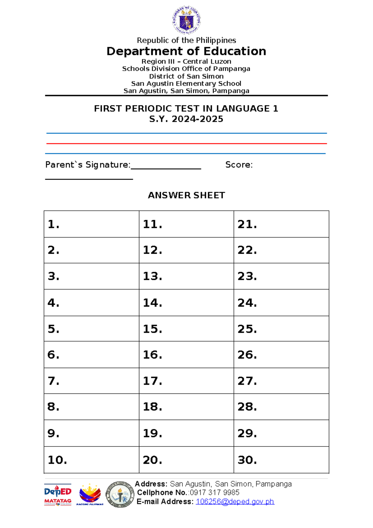 Answer Sheet - Department of Education Region III – Central Luzon ...