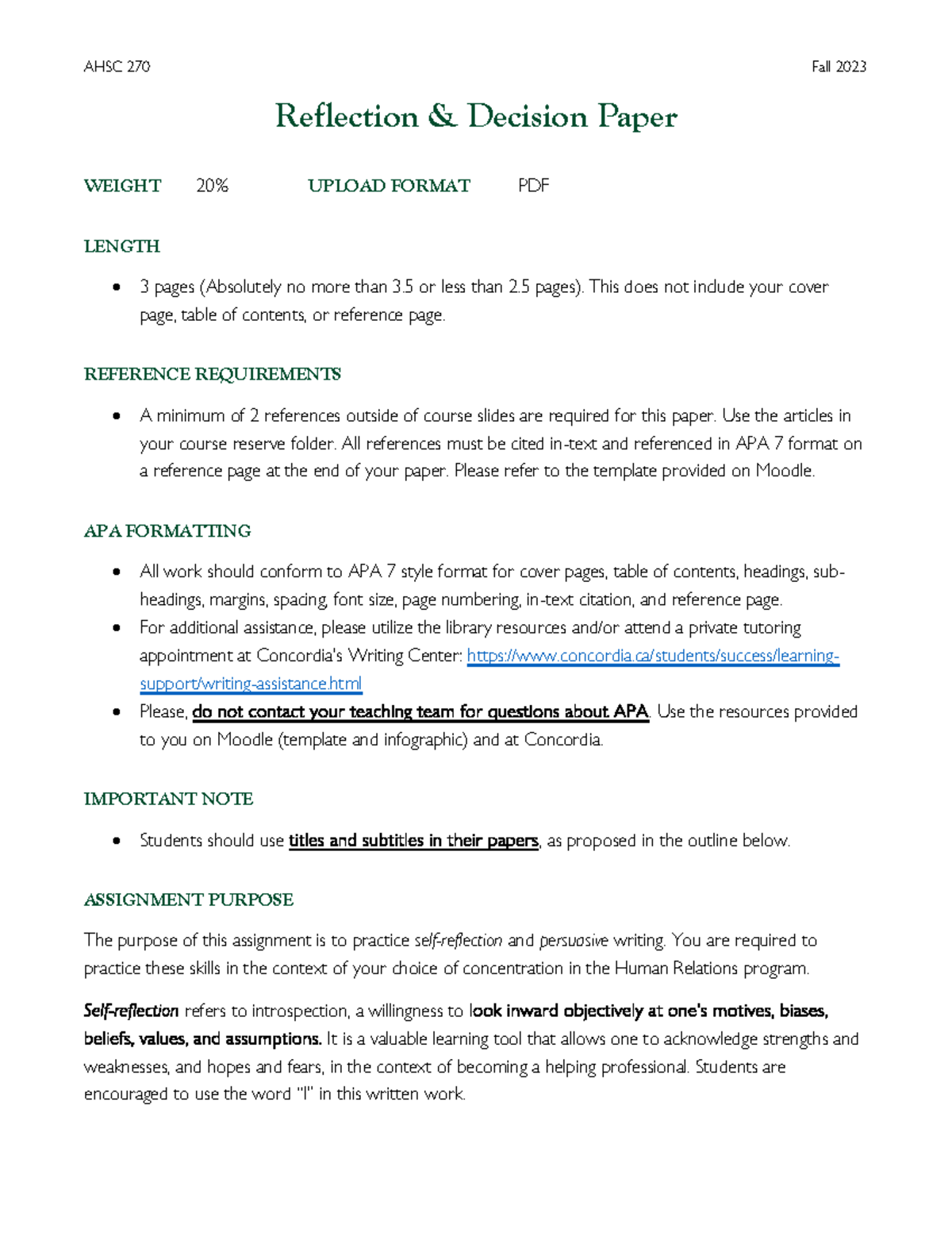 Reflection Decision Paper Instructions - AHSC 270 Fall 2023 Reflection ...