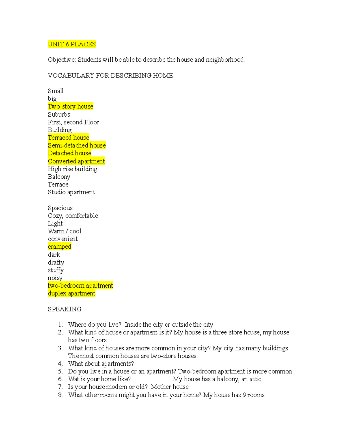 UNIT 6 Places house and neighborhood - UNIT 6 PLACES Objective ...