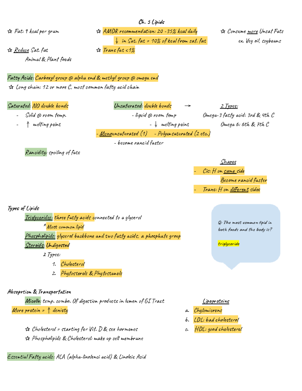 Ch 5 Lipids - Summer Term Basic Terms and Facts Passed Class with 98 - Ch. 5 Lip Fat: 9 ka p r ...