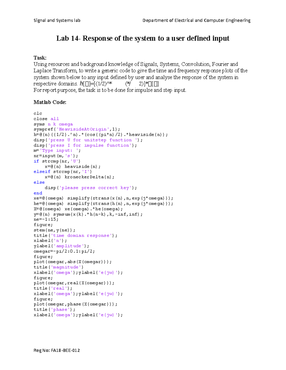 Open ended lab - S&S and MSI labs - Lab 14- Response of the system to a user defined input Task ...