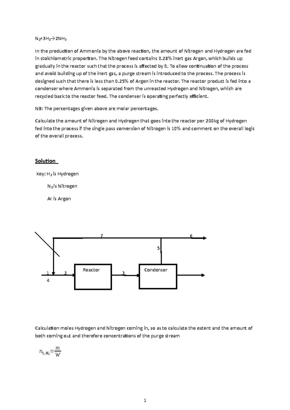 Mass balance with recycle + purge + reactive balance 1 - N2+3H2→2NH3 In ...