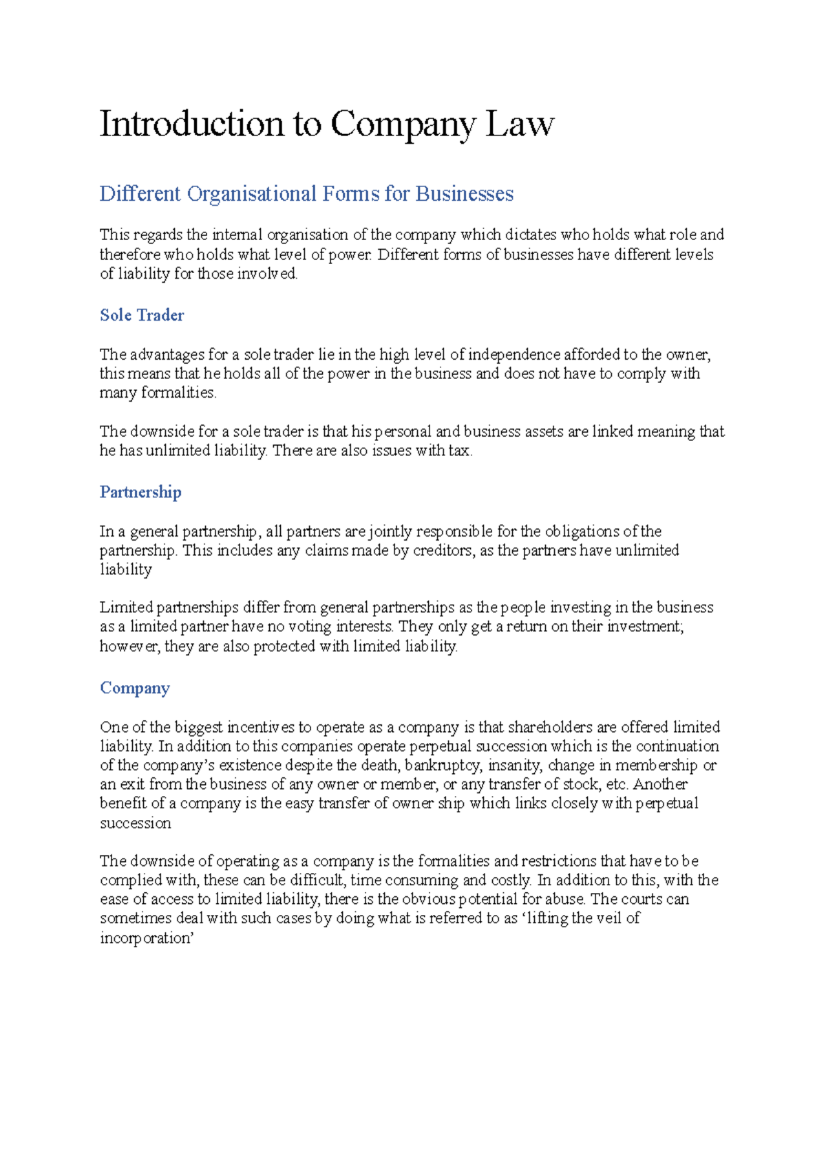 Introduction to Company Law - Introduction to Company Law Different ...