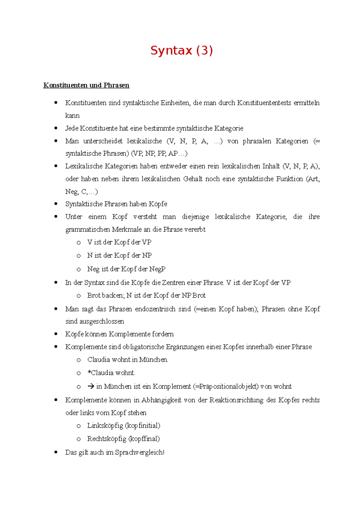 Syntax - Lernzusammenfassung für Klausur - Syntax (3) Konstituenten und ...