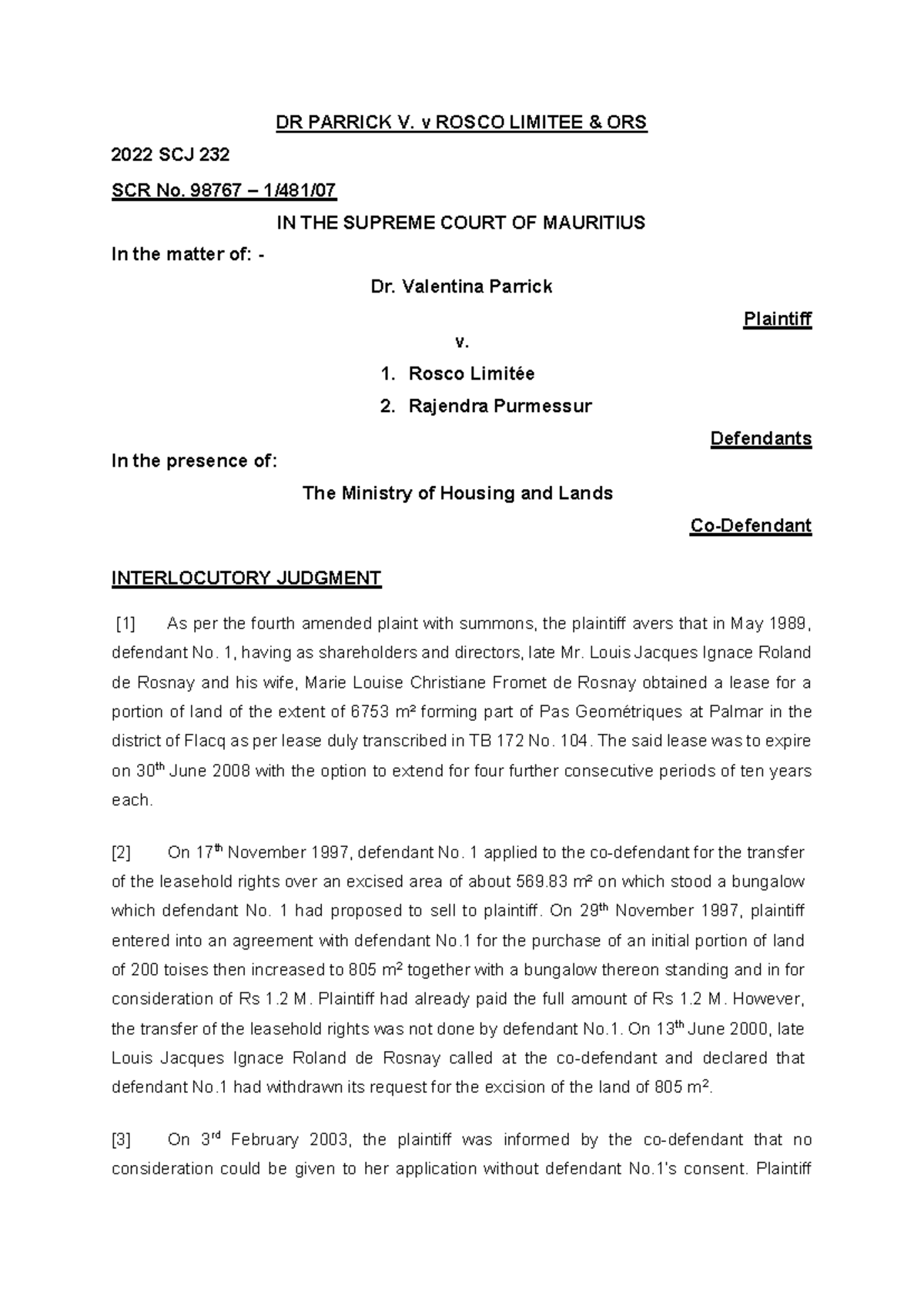 DR Parrick V. v Rosco Limitee & ORS - DR PARRICK V. v ROSCO LIMITEE ...