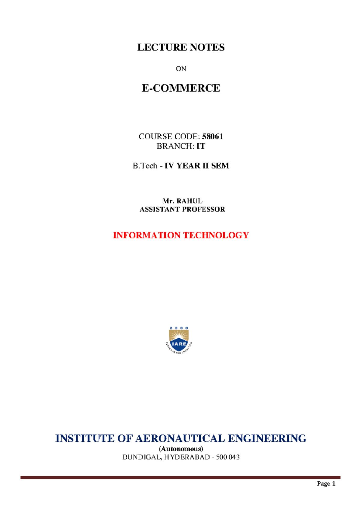 E Commerce Lecture Notes Lecture Notes On E Commerce Course Code 58061 Branch It B Iv Year
