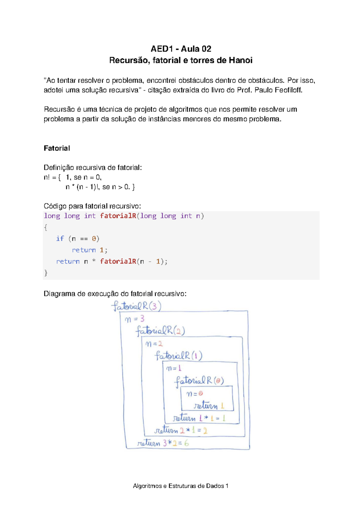 AED1 - Aula 02 - Recursão, fatorial, torres de Hanoi - AED1 - Aula 02 ...