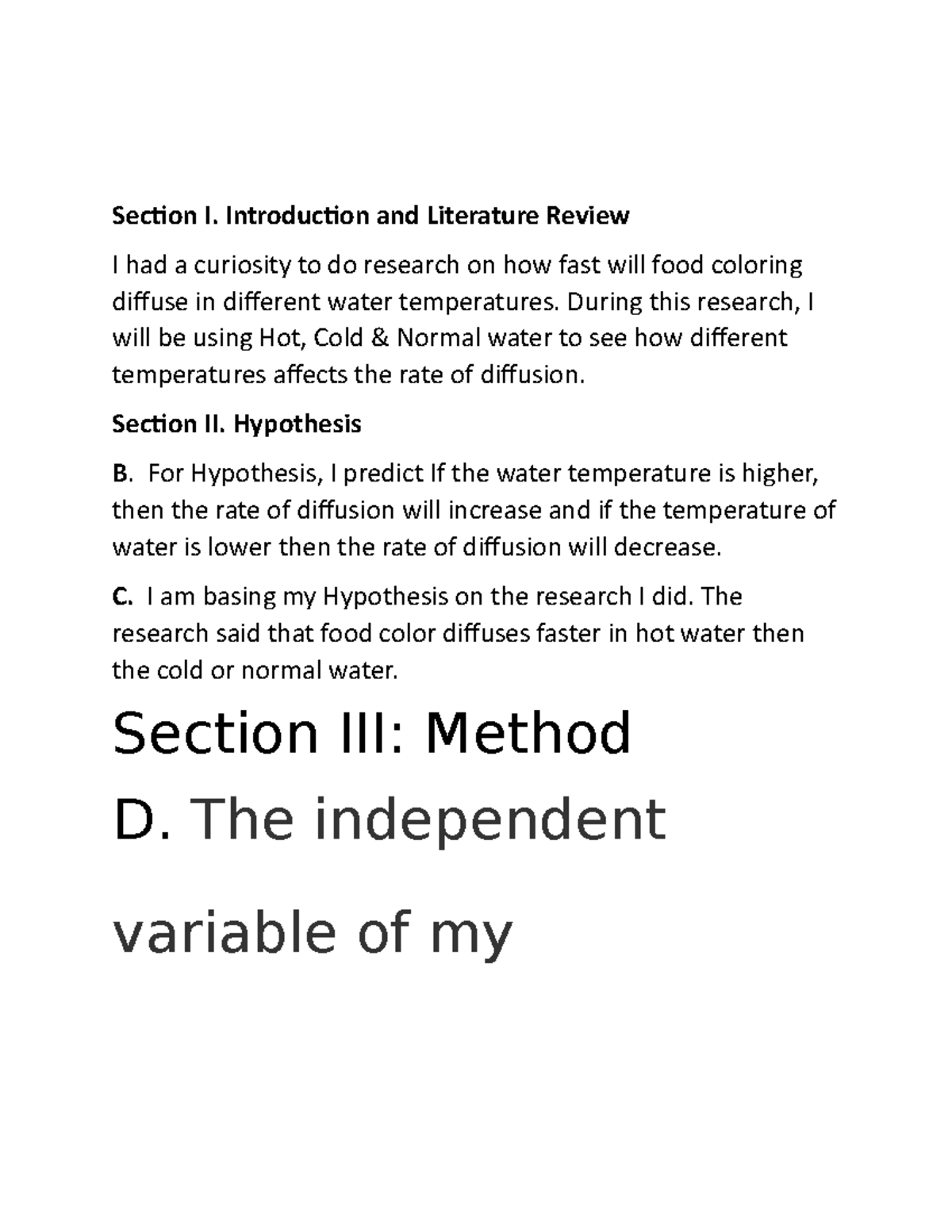 Water Color Diffusion Lab Report-Physical Science Lab - Section I ...