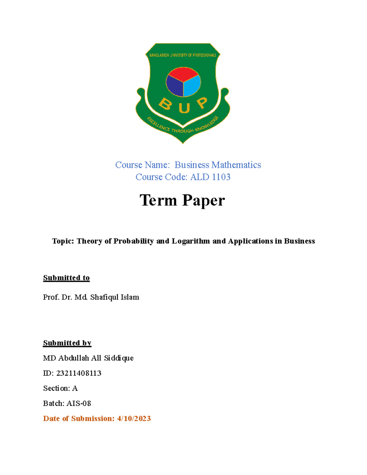 Business Math TERM Paper 113 - Course Name: Business Mathematics Course ...