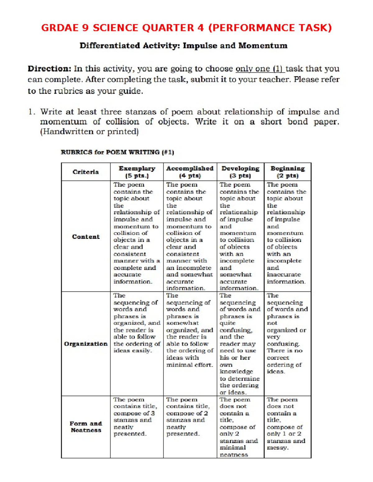 Grdae 9 Science Quarter 4 Performance TASK - GRDAE 9 SCIENCE QUARTER 4 (PERFORMANCE TASK) - Studocu