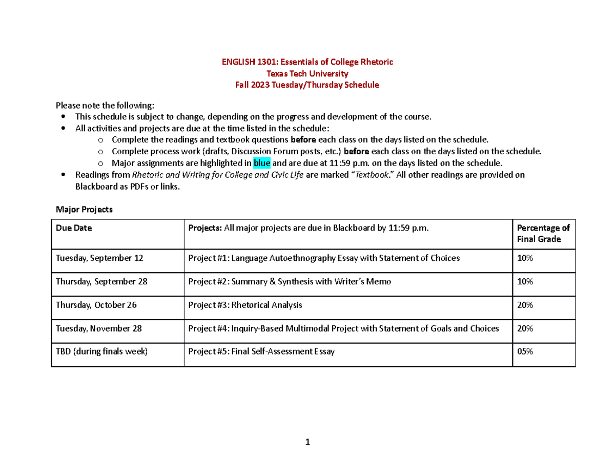Fall 23 1301 TR Schedule Template - ENGLISH 1301: Essentials of College ...