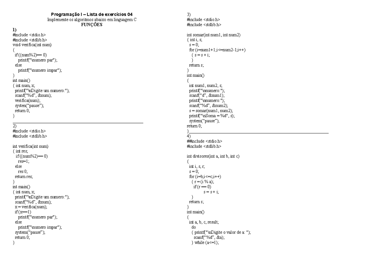 Resolução Lista de exercícios 05 - Funções - Programação I – Lista de ...