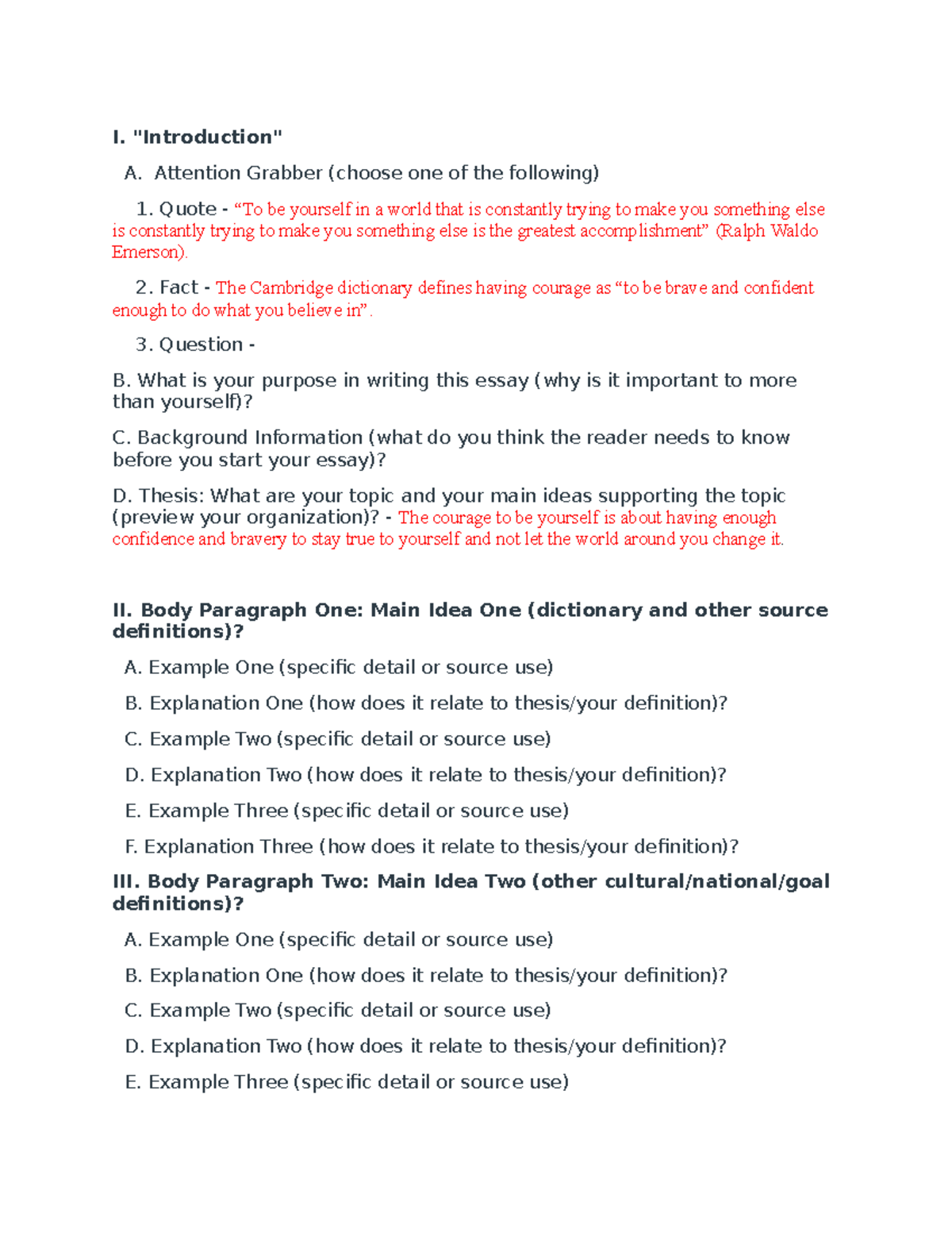 Outline for definiton essay - I. "Introduction" A. Attention Grabber ...