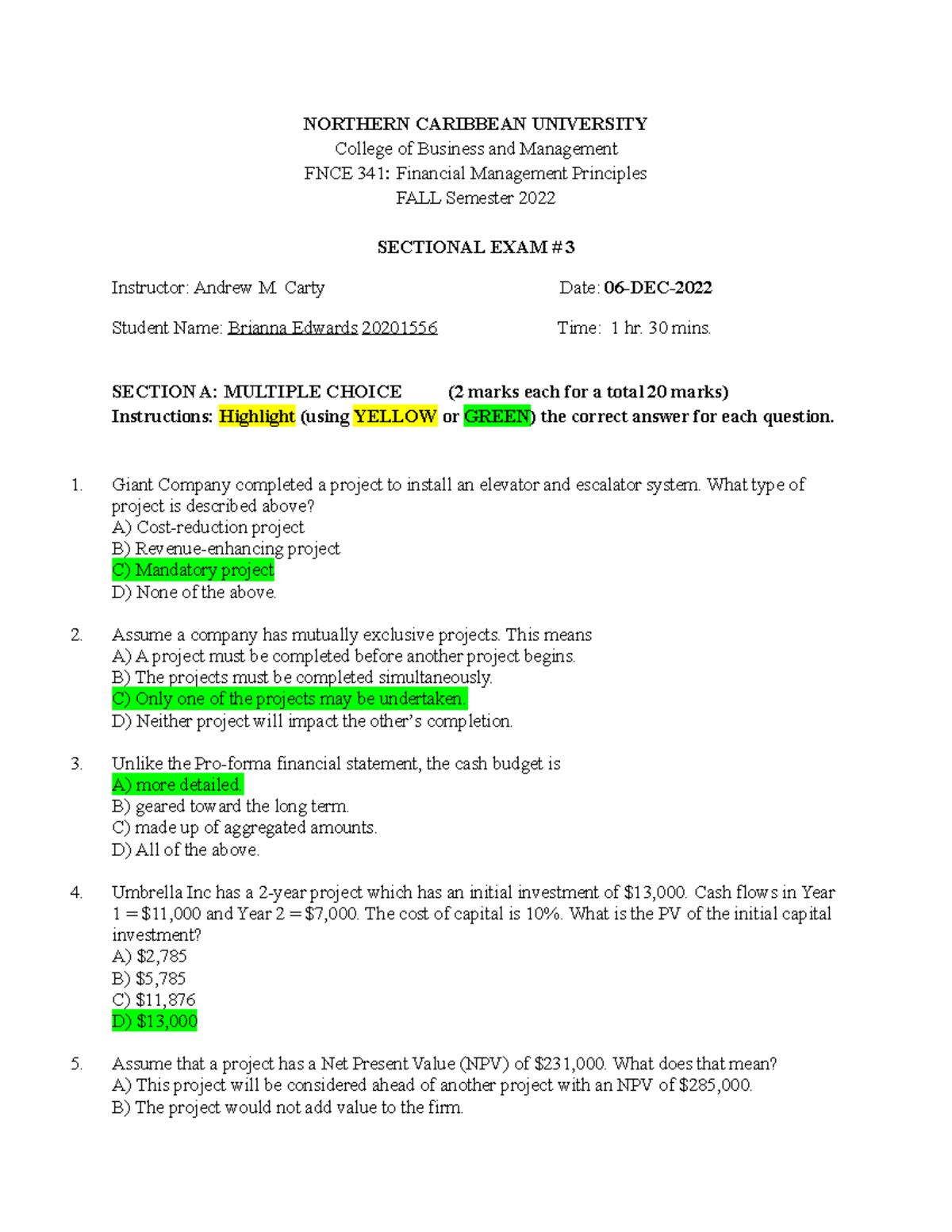 Financial Management Principles Sectional # 3 FALL2022 - NORTHERN CARIBBEAN UNIVERSITY College ...