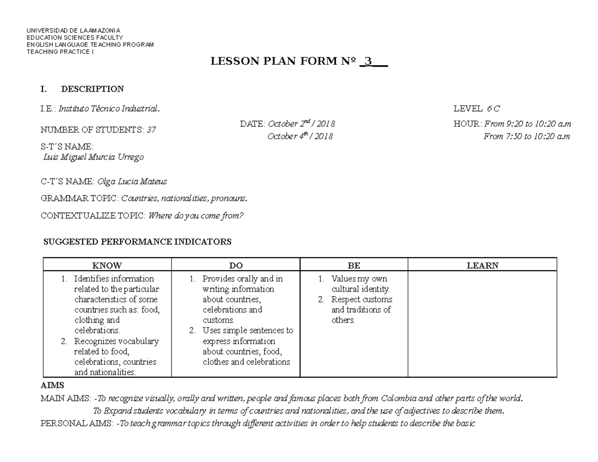 TP Lesson PLAN 4 - plan de clase - UNIVERSIDAD DE LA AMAZONIA EDUCATION ...
