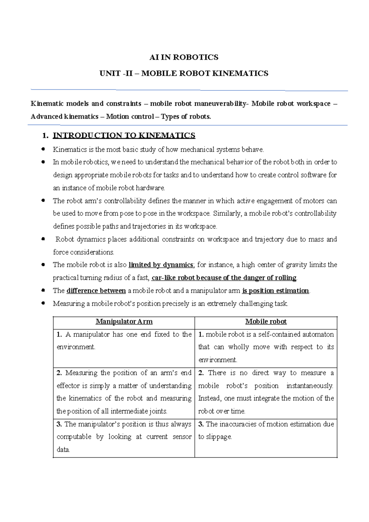 UNIT - 2 - Mobile Robot Kinematics - AI IN ROBOTICS UNIT -II – MOBILE ...