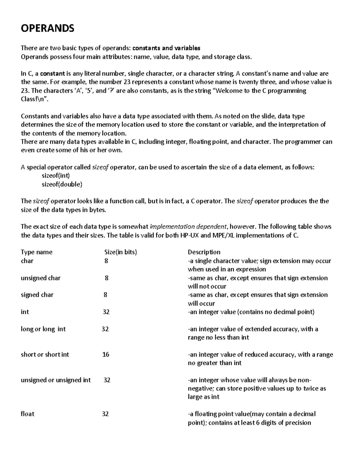 Operands and Variables - OPERANDS There are two basic types of operands ...