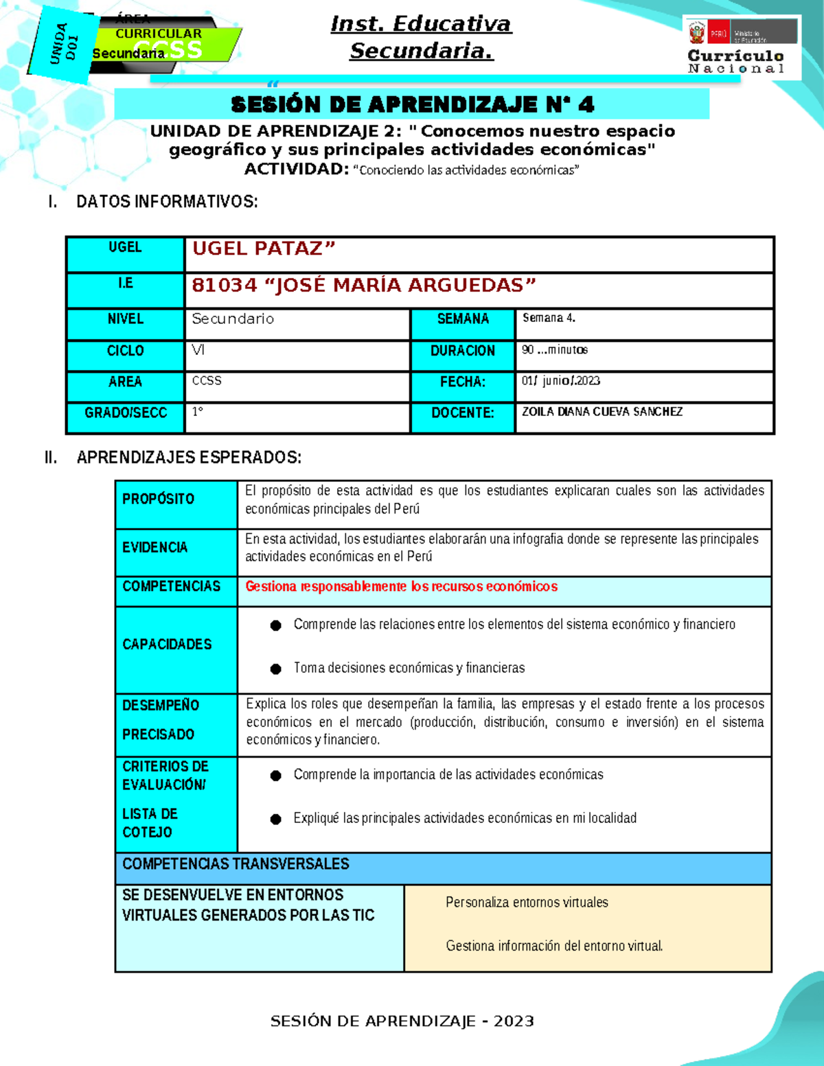 Sesion CCSS 1° SEC- Semana 04 UNI 2 - CCSS UNIDA D Secundaria EBR CURRICULAR Inst. Educativa ...