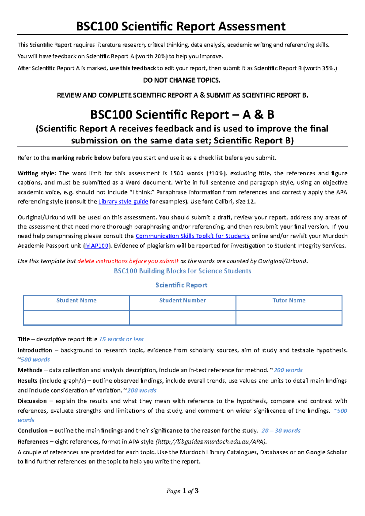 BSC100 Scientific Report Instructions - BSC100 Scientific Report Assessment This Scientific ...