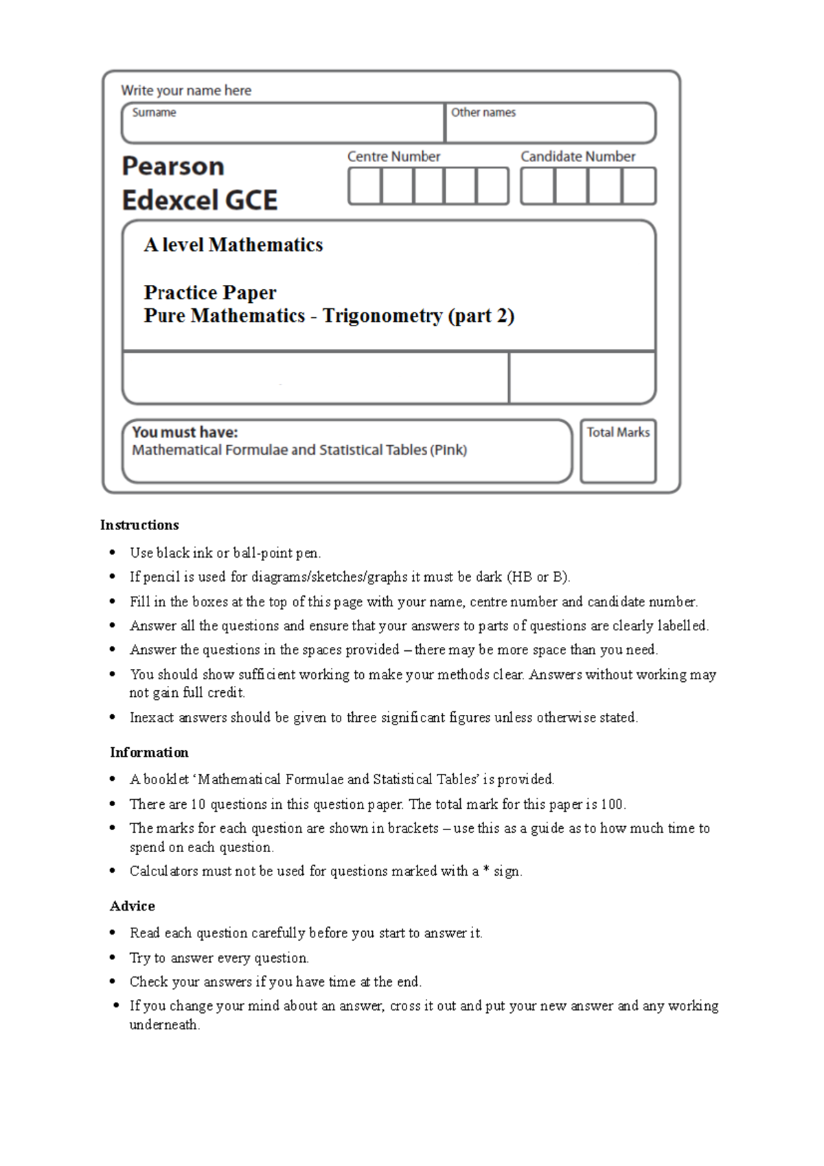 A level Mathematics Practice Paper 5 - Instructions Use black ink or ...