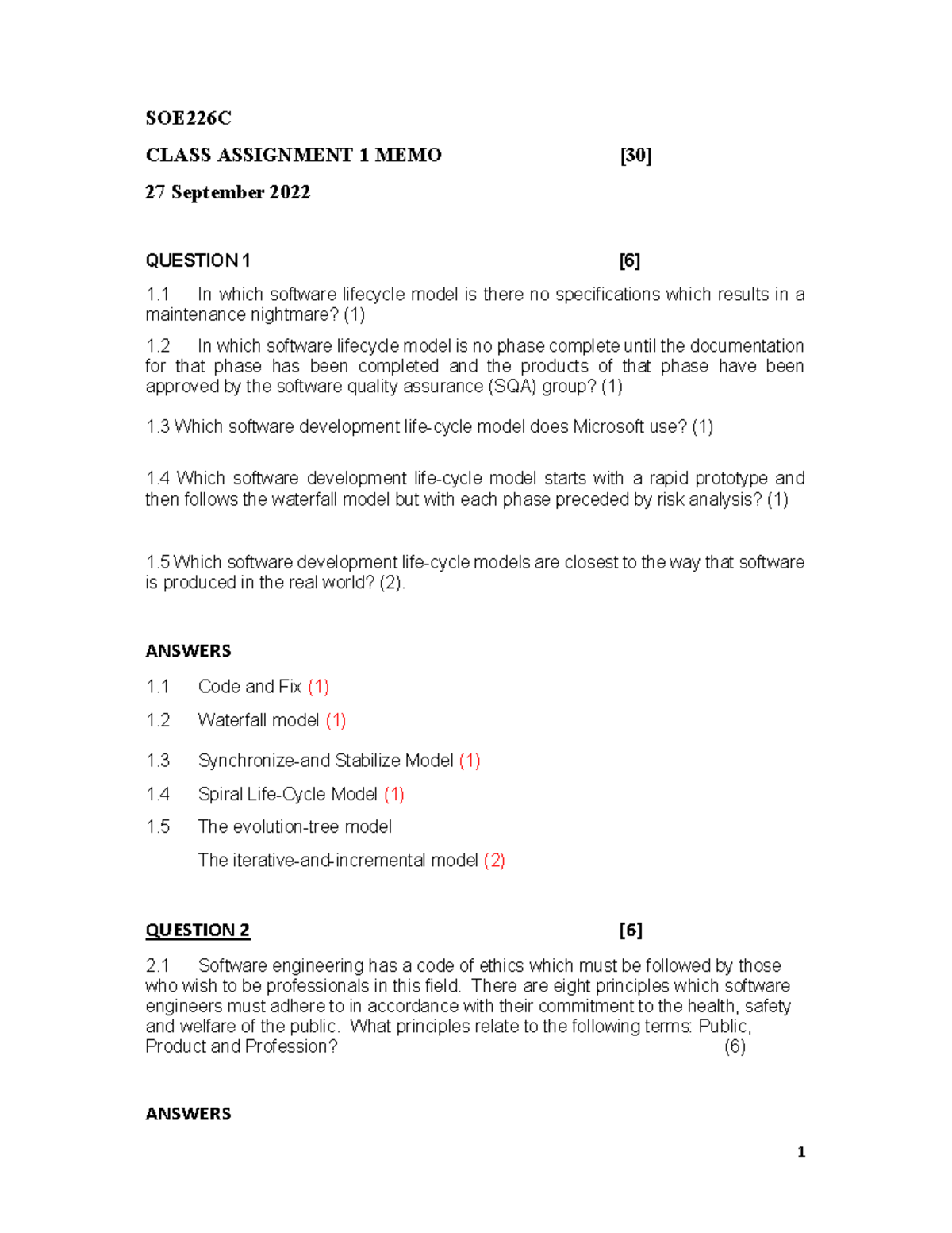 SOE226C Class Test 1 Memo - 1 SOE226C CLASS ASSIGNMENT 1 MEMO [30] 27 ...