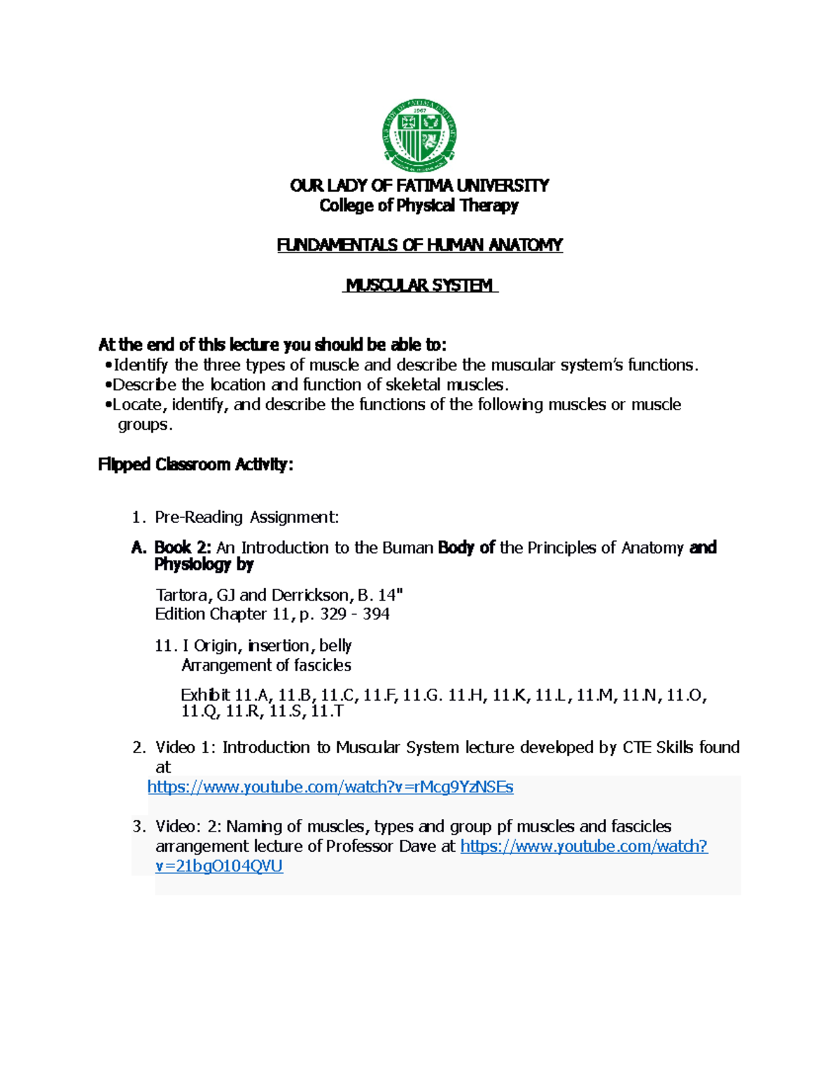 Week 5- Flipped Classroom Activity and Muscular System Work Sheet - OUR ...