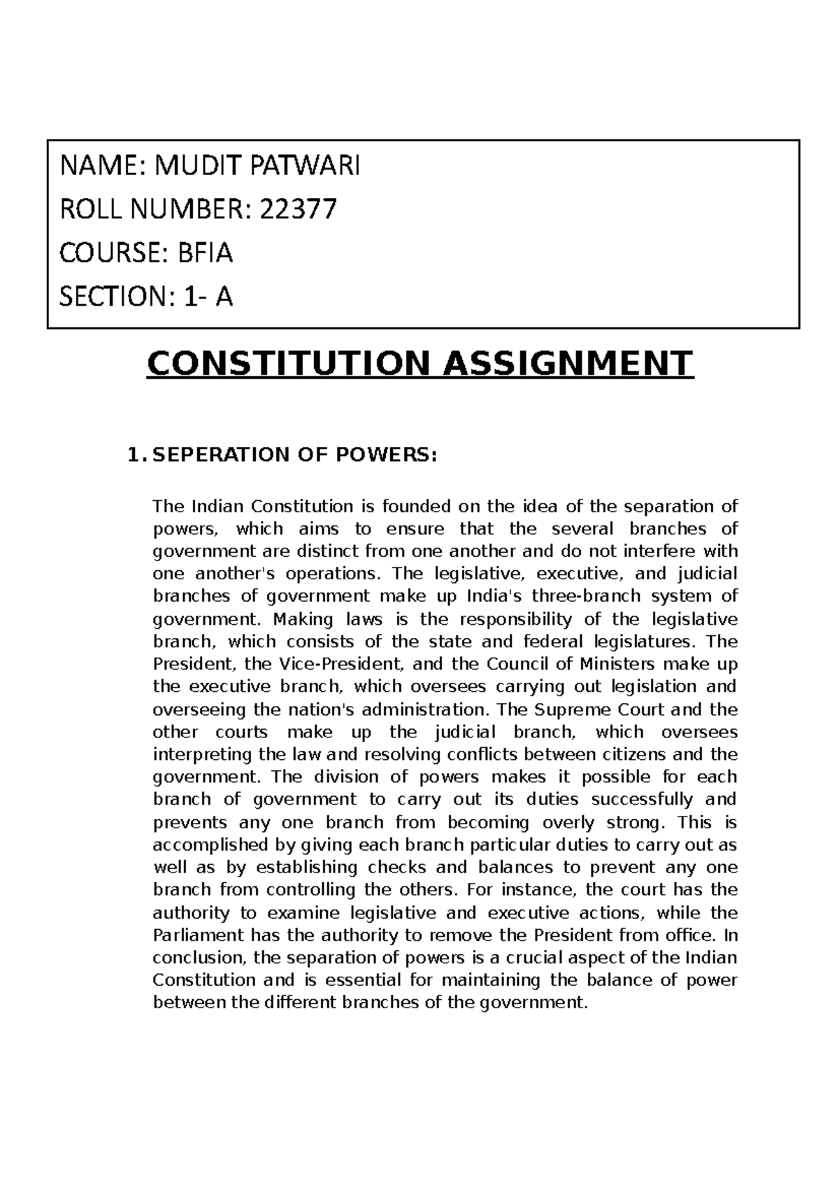 Constitution Assignment - CONSTITUTION ASSIGNMENT 1. SEPERATION OF ...