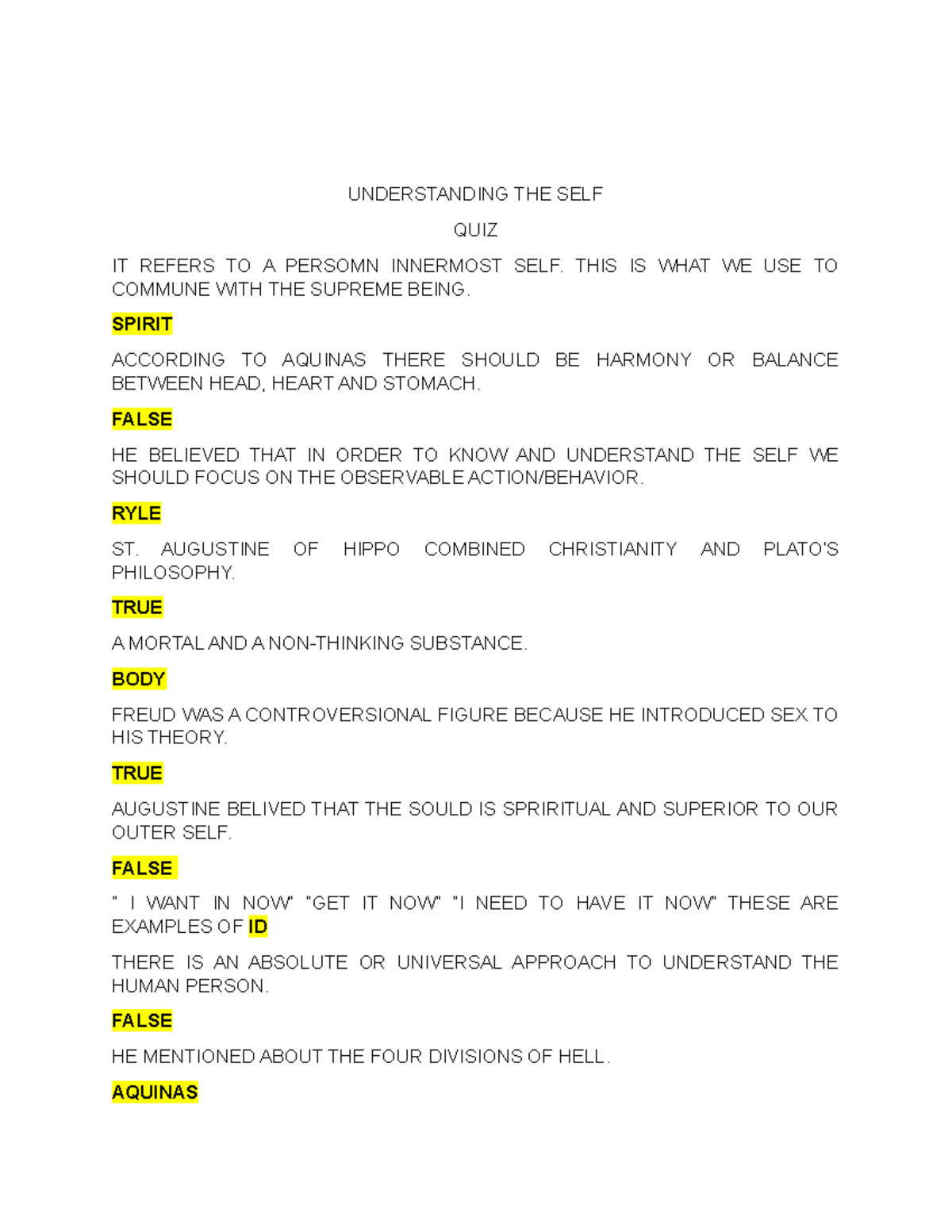 UTS QUIZ 1 Answers - Quiz in Understanding the Self - UNDERSTANDING THE ...