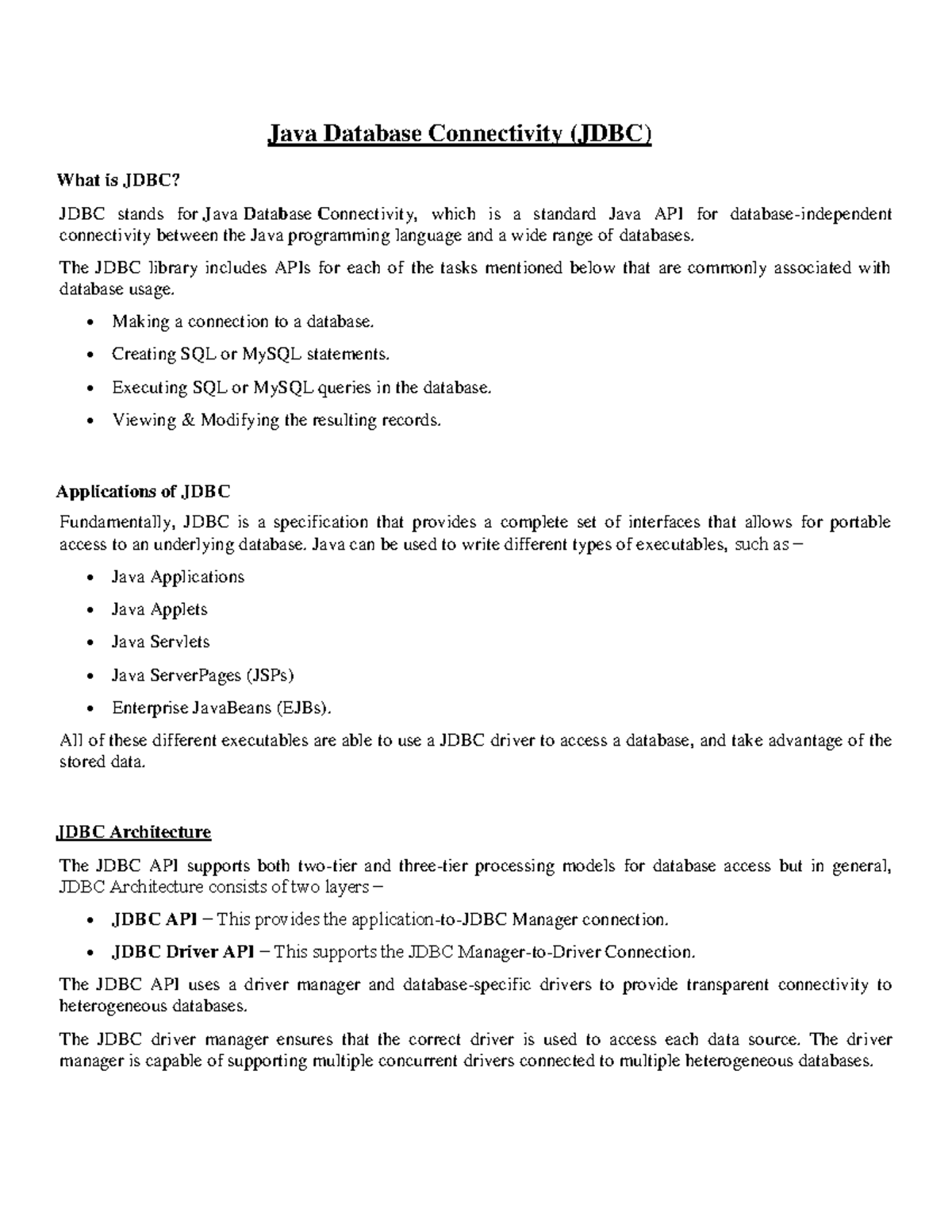 Java Database Connectivity - The JDBC library includes APIs for each of ...