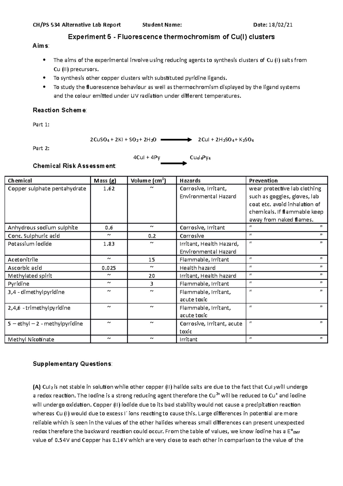 CH534 Experiment 5 Fluorescence thermochromism of Cu(I) clusters Lab ...